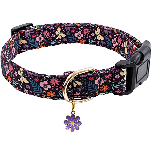 Faygarsle Cotton Designer Dogs Collar Cute Flower Dog Collars for Girl Female Small Medium Large Dogs with Purple Flower Charms S