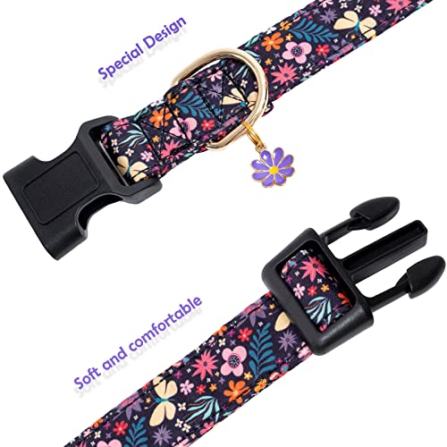 Faygarsle Cotton Designer Dogs Collar Cute Flower Dog Collars for Girl Female Small Medium Large Dogs with Purple Flower Charms S