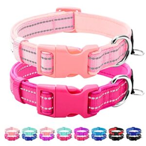 azuza 2 pack reflective soft neoprene padded dog collars, adjustable pet collar with id tag ring, safe and comfy for small dogs,hot pink/pink,s