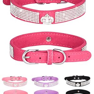 Bling Dog Collar for Small Medium Large Dogs, Crown Rhinestone Dog Collars for Girl and boy Dog, Diamond Puppy Collars, Adjustable Leather Suede SOFE Cat Collar (XS(8.2"-10.6"/21CM-27CM), Rose Red)