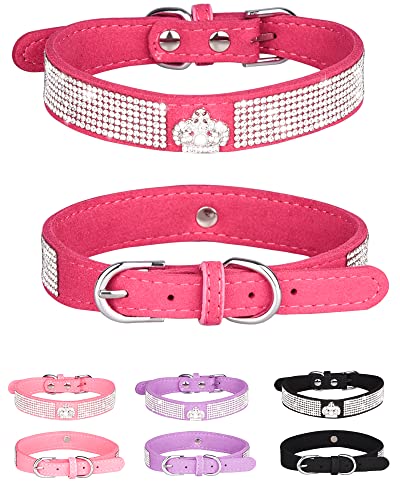 Bling Dog Collar for Small Medium Large Dogs, Crown Rhinestone Dog Collars for Girl and boy Dog, Diamond Puppy Collars, Adjustable Leather Suede SOFE Cat Collar (XS(8.2"-10.6"/21CM-27CM), Rose Red)