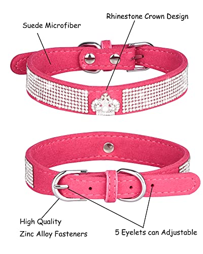 Bling Dog Collar for Small Medium Large Dogs, Crown Rhinestone Dog Collars for Girl and boy Dog, Diamond Puppy Collars, Adjustable Leather Suede SOFE Cat Collar (XS(8.2"-10.6"/21CM-27CM), Rose Red)