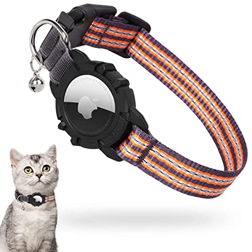 FEEYAR AirTag Cat Collar,Integrated Kitten Collar with Apple AirTag Holder, Reflective GPS Cat Collar with Bell[Orange], Lightweight Tracker Cat Collars for Girl Boy Cats, Kittens and Puppies