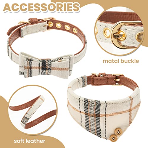 TUKOAW Leather Small Dog Collar and Leash Set - Plaid Bow Tie & Bandana Cute Dog Collar - Adjustable Pet Collars with Walking Leash for Small Dog Puppy Cat