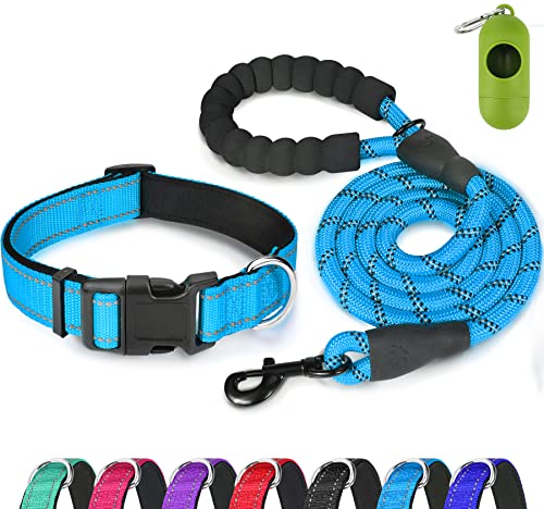 Dynmeow Reflective Dog Collar and Leash Set, Adjustable Pet Collar with Soft Neoprene Padded for Small Medium Large Dogs, Climbing Rope, Blue, S