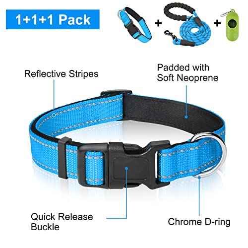 Dynmeow Reflective Dog Collar and Leash Set, Adjustable Pet Collar with Soft Neoprene Padded for Small Medium Large Dogs, Climbing Rope, Blue, S