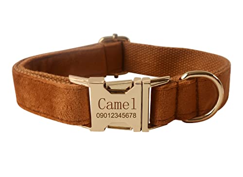 Velvet Dog Collar Personalized with Name Phone Number Engraved, Custom Pet Collars with Metal Buckle(Camel, S)