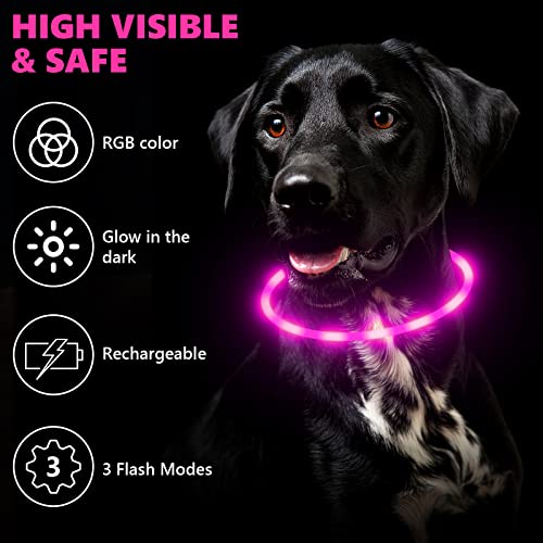 Light Up Dog Collars, Led Dog Collar for Pet Safety in Dark, Waterproof Rechargeable Dog Collar Light, Adjustable Size fit Most Dog, 3 Light Modes Dog Lights for Night Walking & Camping