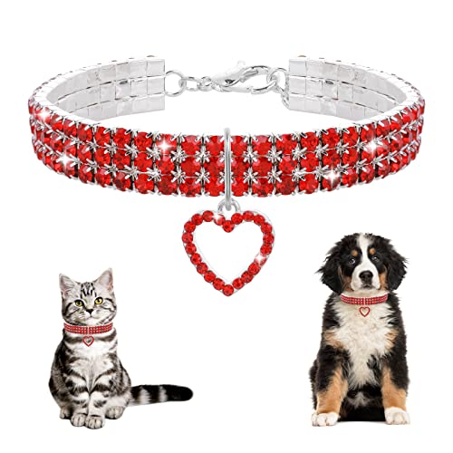 TIESOME Pet Collar with Rhinestones, Adjustable 3 Rows Crystal Diamond Cat Dog Collar Elastic Pet Necklace Pendant for Wedding Small Pet Necklace Jewelry (Red)