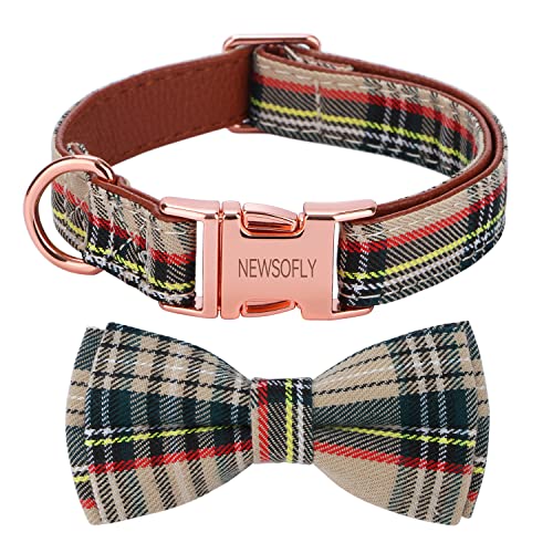 Newsofly Boy Girl Dog Collar with Bowtie, Adjustable Soft Collars with Metal Buckle,Cotton Designer for Small Medium Large Dogs (Small, Khaki)