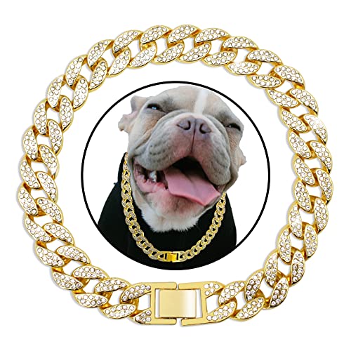 Cuban Link Dog Collar Diamond Gold Chain Dog Collar Walking Metal Gold Chain for Dogs with Design Secure Buckle,Pet Cuban Collar Jewelry Accessories for Small, Medium, Large Dogs and Cats