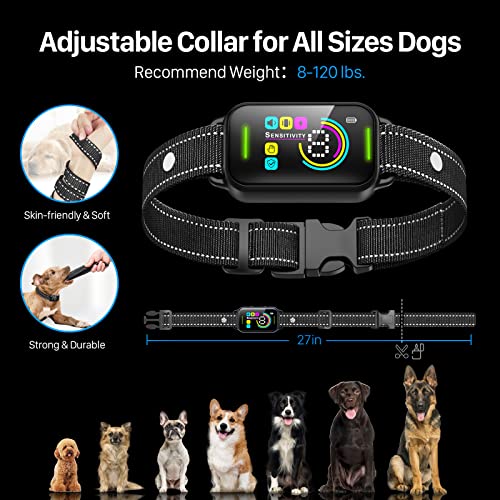 Dog Bark Collar, DINJOO Bark Collar for Large Medium Small Dogs,Smart Bark Collar,Rechargeable Anti Barking Training Collar with 8 Adjustable Sensitivity,Bark Shock Collar with Beep Vibration Shock