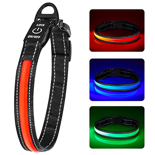 LIFIS LED Dog Collar Light Up IPX7 Waterproof Higher Brightness Glow in The Dark Dog Collars for Large Medium Small Dogs USB Rechargeable Reflective Fiber (M(16.5-20.5''/42-52cm), Red)