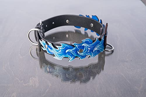 Dog Large Blue Flame Collar, Dog Lover Handstitched Collar, Padded Leather Dog Collar, Dog Collar Handmade Leather