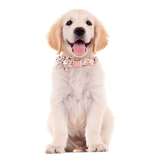 Large Nylon Dog Collar 3 Adjustable Sizes Personalized Flower Tie Cotton Girls Dog Collar with Metal Buckle Puppy Collars for Small Medium Large Dog Pet Gift