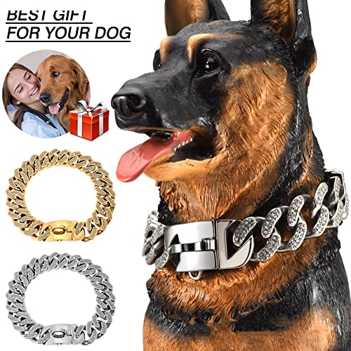 Dog Chain Diamond Cuban Collar, 32MM Heavy Duty Chew Proof Walking Chain Collar with Safe Buckle Design, Luxurious Necklace for Medium Large Dogs