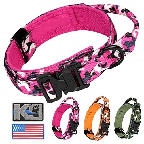 Tactical Dog Collar for Medium Large Dogs, WANYANG Military Dog Collar with Quick Release Metal Buckle K9 Dog Training Working, Adjustable Nylon Collars with Handle, Pink Camo