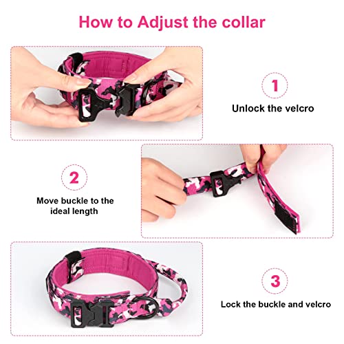 Tactical Dog Collar for Medium Large Dogs, WANYANG Military Dog Collar with Quick Release Metal Buckle K9 Dog Training Working, Adjustable Nylon Collars with Handle, Pink Camo