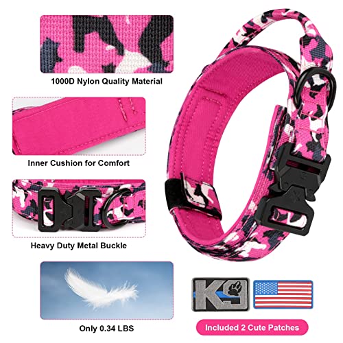 Tactical Dog Collar for Medium Large Dogs, WANYANG Military Dog Collar with Quick Release Metal Buckle K9 Dog Training Working, Adjustable Nylon Collars with Handle, Pink Camo