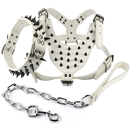 SXNBH Spikes White Leather Dog Harness Collar and Leash Set Heavy Duty for Boxer Leather Leash ( Size : M )