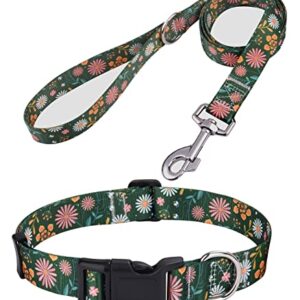 HQYDDMI Dog Collar and Leash Set for Large Dogs, with Floral Print, Soft Comfortable Adjustable Collar for Small Medium Large Dogs, Floral Pattern for Girl Boy Dogs(Set Green Flower,L)