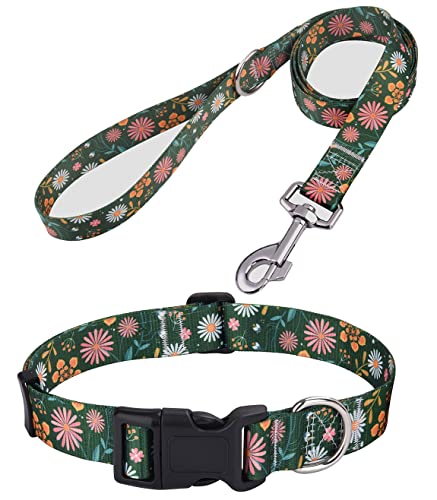 HQYDDMI Dog Collar and Leash Set for Large Dogs, with Floral Print, Soft Comfortable Adjustable Collar for Small Medium Large Dogs, Floral Pattern for Girl Boy Dogs(Set Green Flower,L)