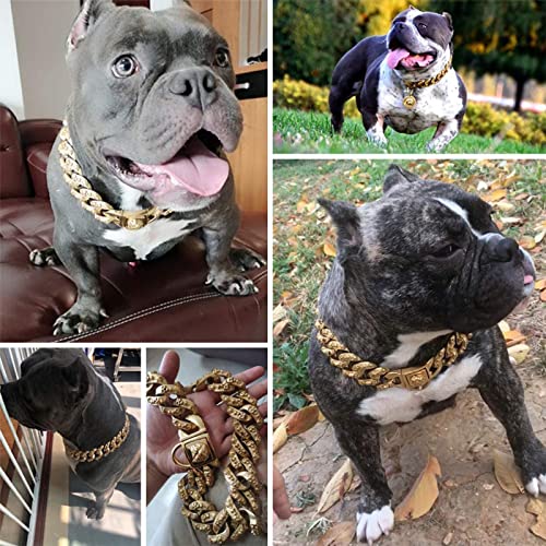 Dog Chain Collars, 32MM Heavy Duty Thick Cuban Link Dog Collar with Safe Buckle Design, Stainless Steel Metal Walking Collars Necklace for Medium Large Dogs