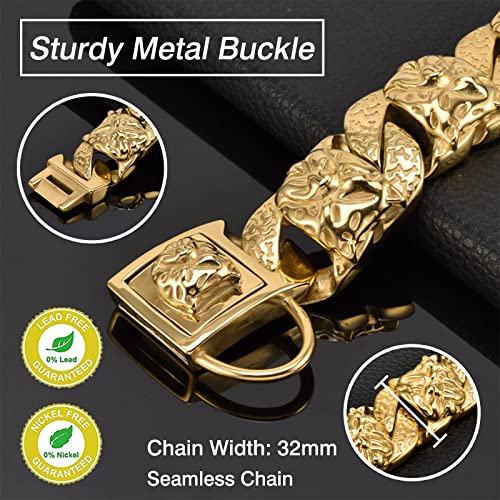 Dog Chain Collars, 32MM Heavy Duty Thick Cuban Link Dog Collar with Safe Buckle Design, Stainless Steel Metal Walking Collars Necklace for Medium Large Dogs