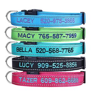 personalized dog collar, custom embroidered pet name and phone number 4 adjustable sizes x-small small medium large quick release buckle and d-ring