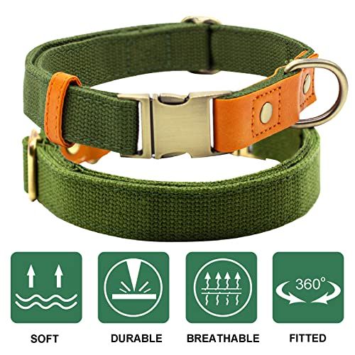 Canvas Nylon Dog Collar Durable and Adjustable Classic Pet Collars with Quick-Release Metal Buckle and D-Ring for Small Medium Large Boy and Girl Dogs (S, Green)