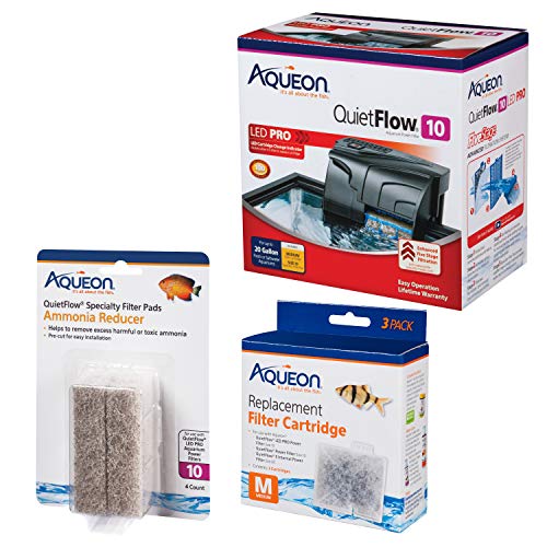 Aqueon QuietFlow 10 Filter, 4 Medium Filter Cartridges, 5 Ammonia Pads and Water Conditioner Bundle Pack For Up To 20 Gallon Aquarium Fish Tanks