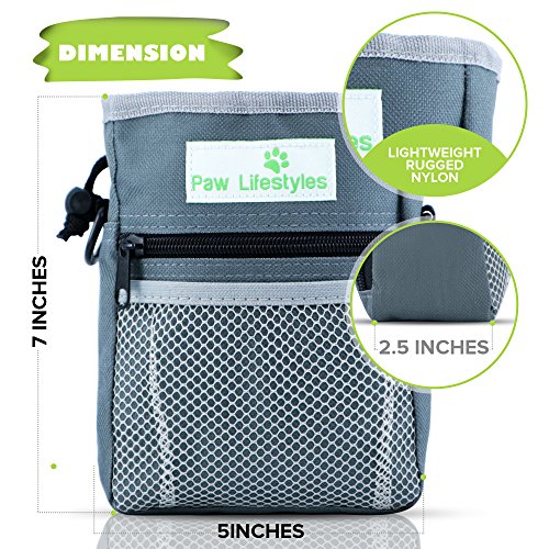 Paw Lifestyles – Dog Treat Training Pouch – Easily Carries Pet Toys, Kibble, Treats – Built-In Poop Bag Dispenser – 3 Ways To Wear – Grey