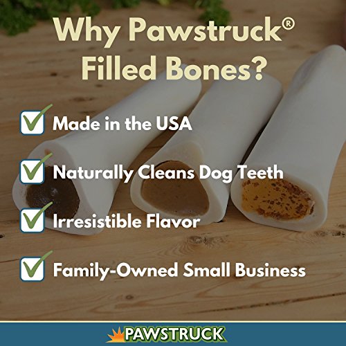 Filled Dog Bones (Flavors: Peanut Butter, Cheese, Bacon, Beef, etc.) Made in USA Stuffed Bulk 3 to 6" Femur Dog Dental Treats & Chews, American Made (Variety Pack, Small (3") -3 Flavors)