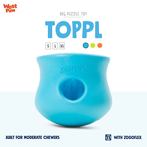 WEST PAW Zogoflex Toppl Treat Dispensing Dog Toy Puzzle – Interactive Chew Toys for Dogs – Dog Toy for Moderate Chewers, Fetch, Catch – Holds Kibble, Treats, Large 4", Aqua Blue