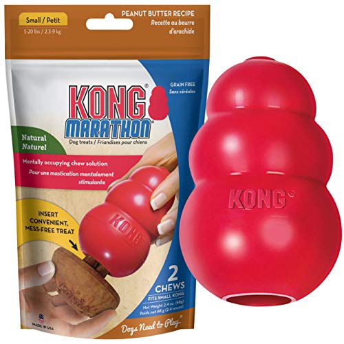 KONG - Classic Durable Dog Toy and Marathon Chew Treat Combo (2 Pieces) - Peanut Butter, Small