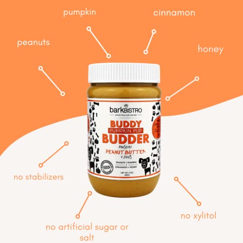 BUDDY BUDDER BARKIN' Banana Pumpkin PUP, Dog Peanut Butter, Healthy Dog Treats, Peanut Butter Dog Treats, Stuff in Toy, Dog Enrichment - Made in USA (Set of 2 / 17OZ Jars)