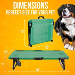 Outrav Elevated Dog Cot with Steel Frame - Foldable Raised Play and Rest Bed for Dogs and Cats - Heavy Duty Strong Material - Pet Cot with Bonus Storage Bag (Small 30” x 20” x 7”, Green)