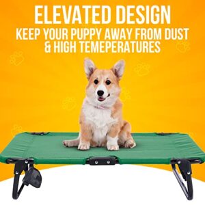 Outrav Elevated Dog Cot with Steel Frame - Foldable Raised Play and Rest Bed for Dogs and Cats - Heavy Duty Strong Material - Pet Cot with Bonus Storage Bag (Small 30” x 20” x 7”, Green)