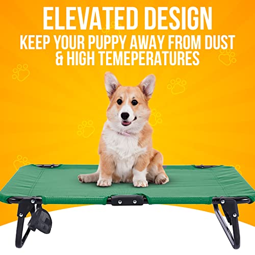 Outrav Elevated Dog Cot with Steel Frame - Foldable Raised Play and Rest Bed for Dogs and Cats - Heavy Duty Strong Material - Pet Cot with Bonus Storage Bag (Small 30” x 20” x 7”, Green)