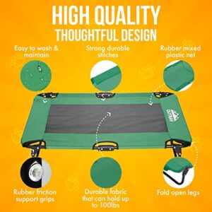 Outrav Elevated Dog Cot with Steel Frame - Foldable Raised Play and Rest Bed for Dogs and Cats - Heavy Duty Strong Material - Pet Cot with Bonus Storage Bag (Small 30” x 20” x 7”, Green)