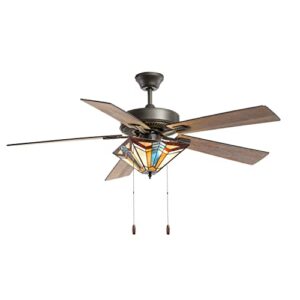 river of goods tiffany-style stained glass ceiling fan – 52″ l x 52″ w – rich barnwood/light driftwood fan blades