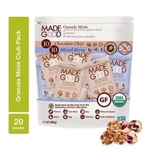 madegood granola minis club pack (20 ct, 0.85 oz. each); 10 bags chocolate chip and 10 bags mixed berry granola minis; vegan, gluten-free, allergy-friendly, organic, non-gmo snacks