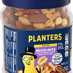 PLANTERS Mixed Nuts, Salted, 27 oz, Resealable Jar - Salted Nuts with Less than 50% Peanuts^ (*Nuts are Measured by Weight), Almonds, Cashews, Hazelnuts & Pecans - Kosher