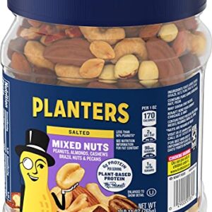 PLANTERS Mixed Nuts, Salted, 27 oz, Resealable Jar - Salted Nuts with Less than 50% Peanuts^ (*Nuts are Measured by Weight), Almonds, Cashews, Hazelnuts & Pecans - Kosher