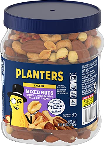 PLANTERS Mixed Nuts, Salted, 27 oz, Resealable Jar - Salted Nuts with Less than 50% Peanuts^ (*Nuts are Measured by Weight), Almonds, Cashews, Hazelnuts & Pecans - Kosher