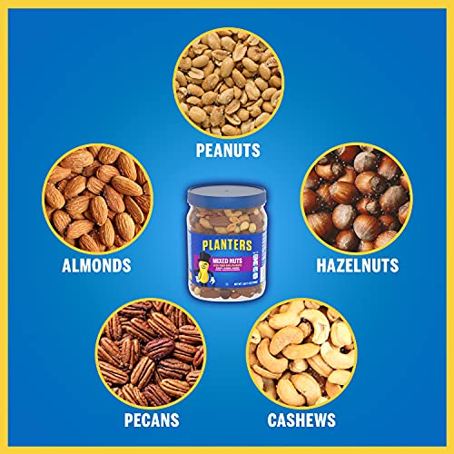 PLANTERS Mixed Nuts, Salted, 27 oz, Resealable Jar - Salted Nuts with Less than 50% Peanuts^ (*Nuts are Measured by Weight), Almonds, Cashews, Hazelnuts & Pecans - Kosher