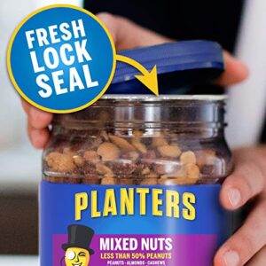 PLANTERS Mixed Nuts, Salted, 27 oz, Resealable Jar - Salted Nuts with Less than 50% Peanuts^ (*Nuts are Measured by Weight), Almonds, Cashews, Hazelnuts & Pecans - Kosher