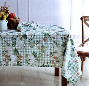 gather together autumn thanksgiving fall white pumpkins on green and white checkered background printed fabric tablecloth (60″ l x 84″ w)