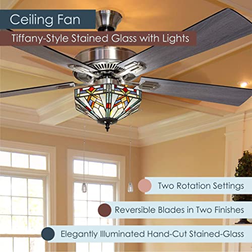 RIVER OF GOODS Mission Tiffany-Style - LED Ceiling Fan - 52" L x 52" W - Stained Glass Ceiling Fan with Lights