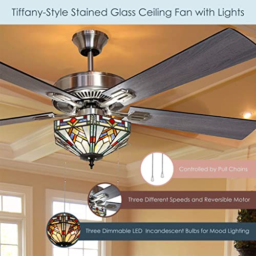 RIVER OF GOODS Mission Tiffany-Style - LED Ceiling Fan - 52" L x 52" W - Stained Glass Ceiling Fan with Lights